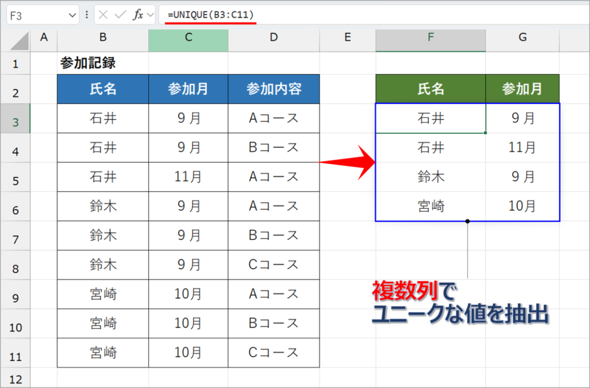 【エクセル】UNIQUE関数でユニークなデータのみ抽出する方法。重複を簡単に削除！ | Excelの森