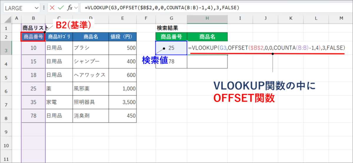 【エクセル】OFFSET関数の使い方を解説。VLOOKUP関数やXLOOKUP関数と組み合わせる方法 | Excelの森