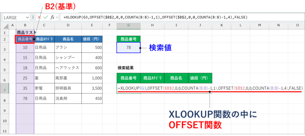 【エクセル】OFFSET関数の使い方を解説。VLOOKUP関数やXLOOKUP関数と組み合わせる方法 | Excelの森